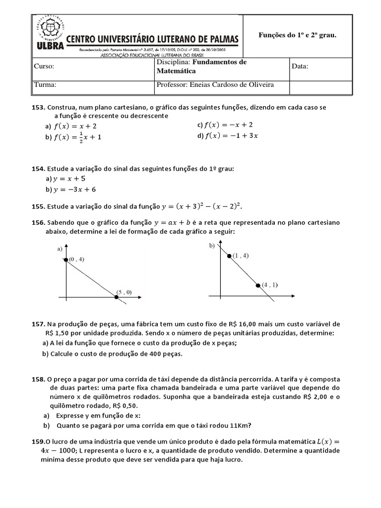 Exercicios de Funcoes Do 1o e 2o Grau2 | Download grátis PDF | Função ...
