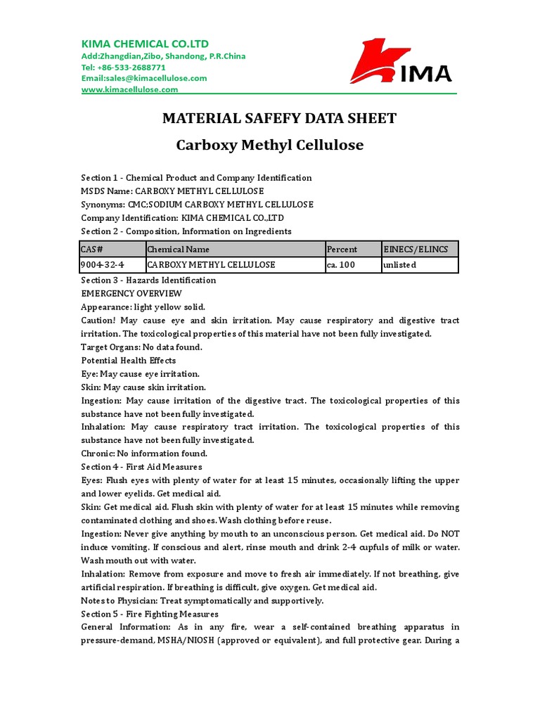 Msds Carboxy Methyl Cellulose Cmc | PDF | Hazardous Waste | Dangerous Goods
