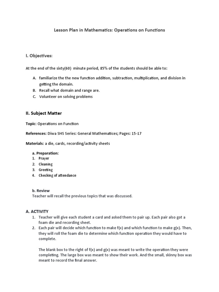 Lesson Plan in Mathematics Operations On | PDF | Function (Mathematics ...