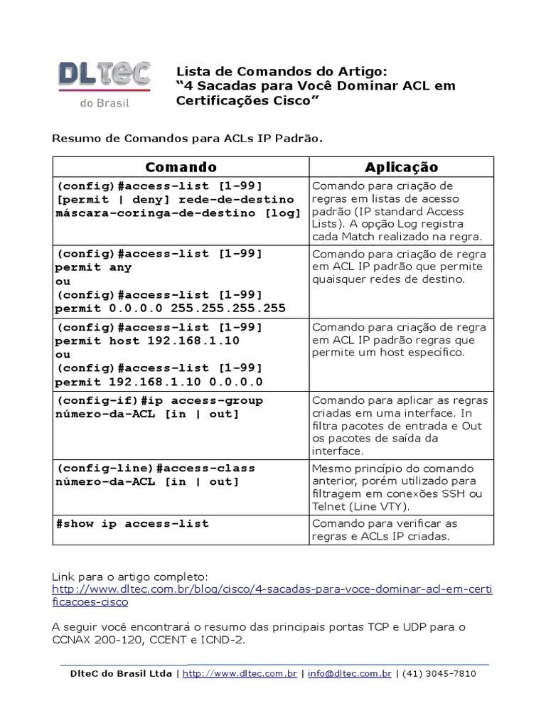 Resumo dos Principais Comandos para Criar e Aplicar ACLs IP Padrão em ...
