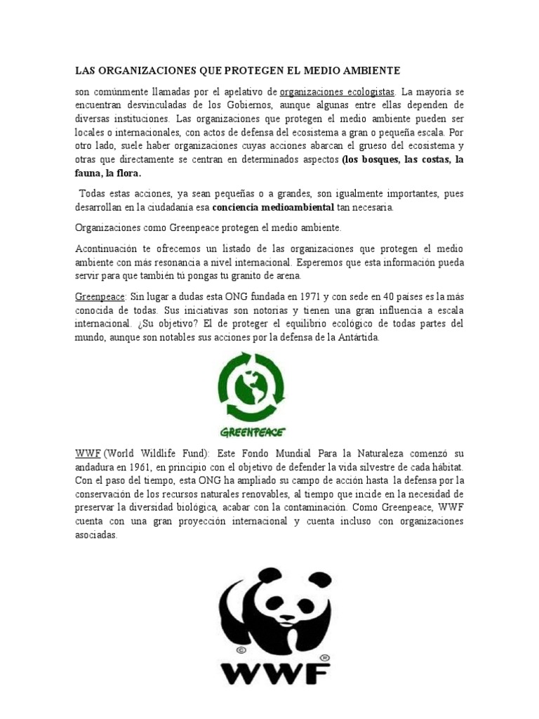 Las Organizaciones Que Protegen El Medio Ambiente | PDF | Fondo Mundial ...