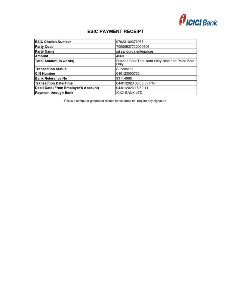 ESIC Payment Receipt Details | PDF