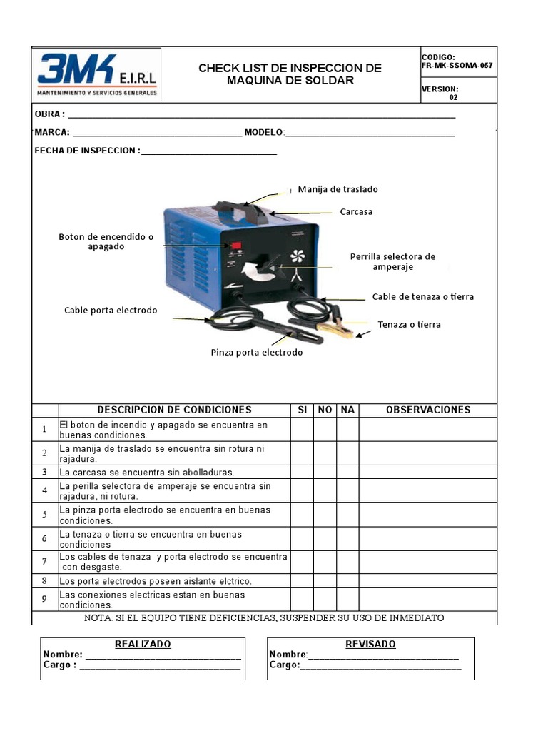 FR-MK-SSOMA-057 Check List de Inspección de Máquina de Soldar | PDF ...