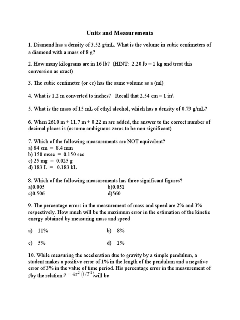 Units and Measurements Question Bank | PDF | Kilogram | Momentum