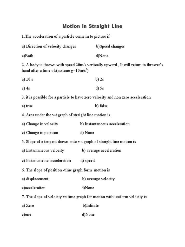 Motion in Straight Line: Key Concepts and Questions | PDF | Velocity | Acceleration