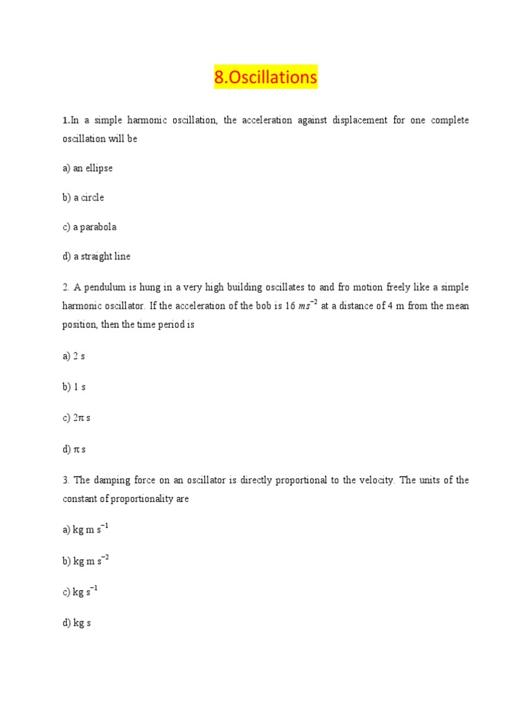 Important Oscillation Questions and Answers | PDF | Oscillation ...