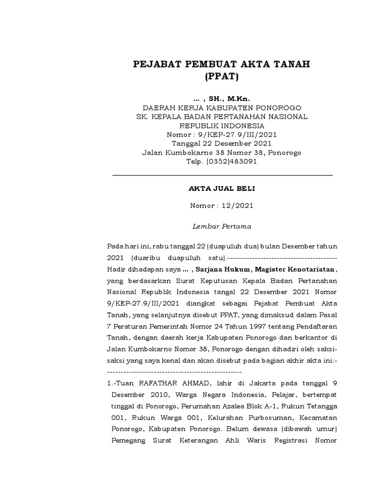 Contoh Akta Jual Beli PPAT | PDF | Pengelolaan Keuangan & Uang | Hukum