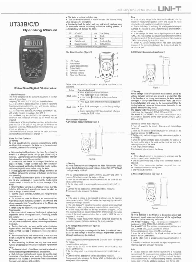 UNI-T Palm Size Digital Multimeter UT33 Series | PDF | Diode | Voltage