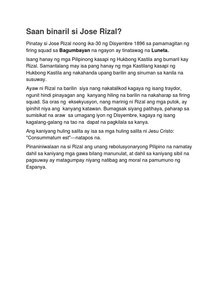 Saan Binaril Si Jose Rizal | PDF