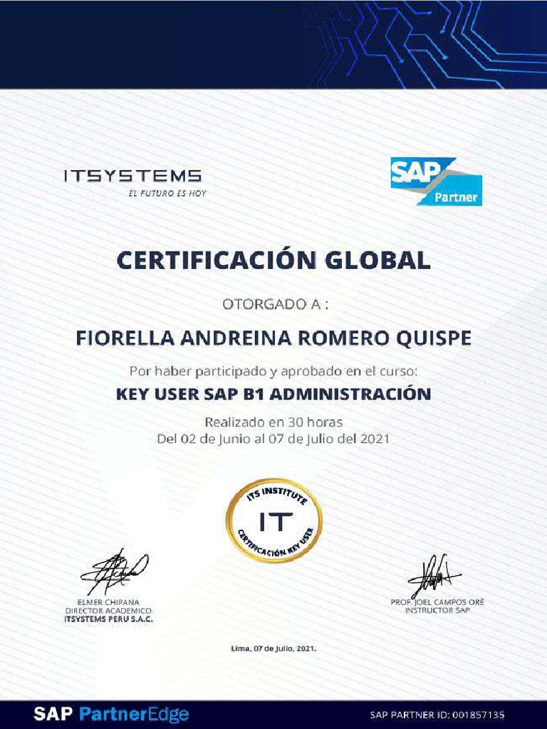Modelo de Certicado Sap Business One Administración - Itsystems Peru | PDF