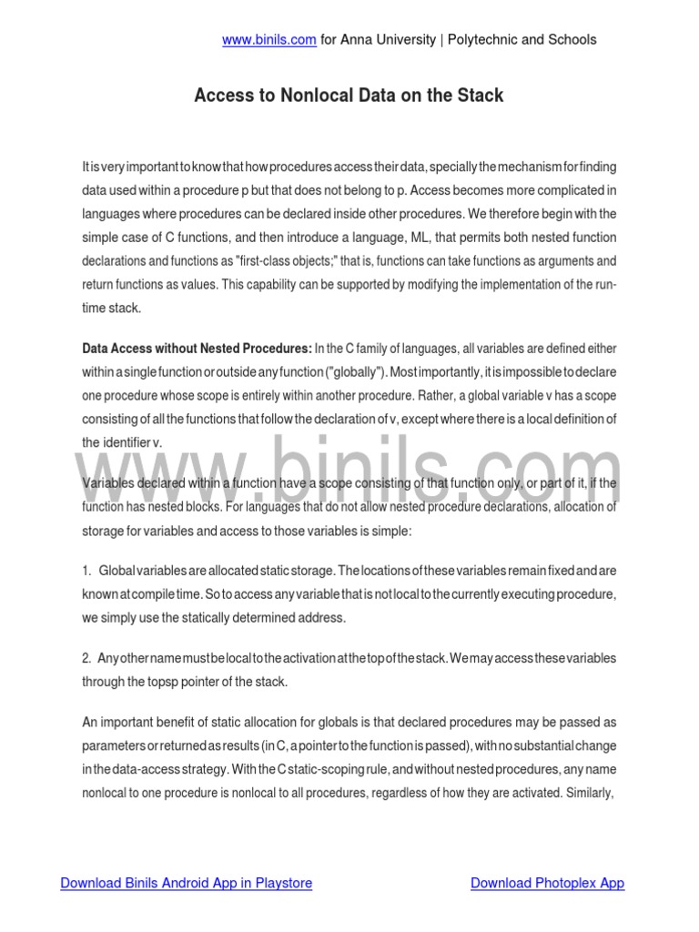Cs8602 Unit 4 Access To Nonlocal Data On The Stack | PDF | Subroutine | Scope (Computer Science)