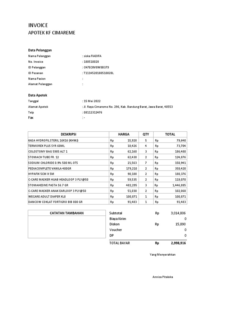 Invoice Pembelian Apotek KF Cimareme | PDF