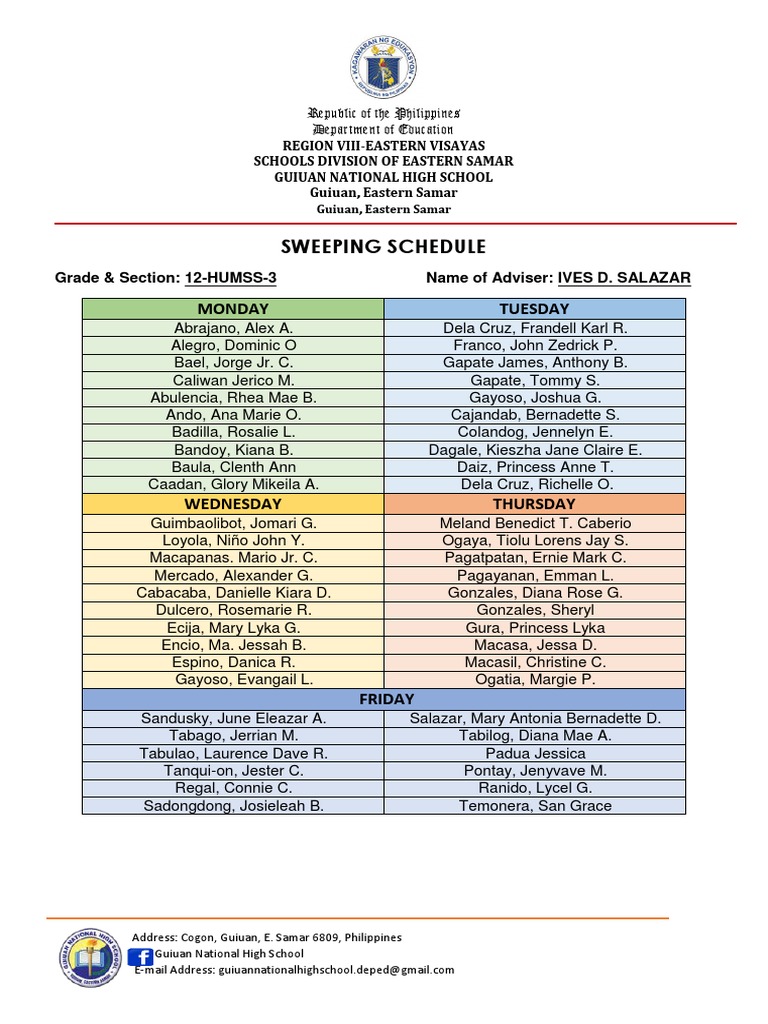 Grade 12 HUMSS Sweeping Schedule | PDF