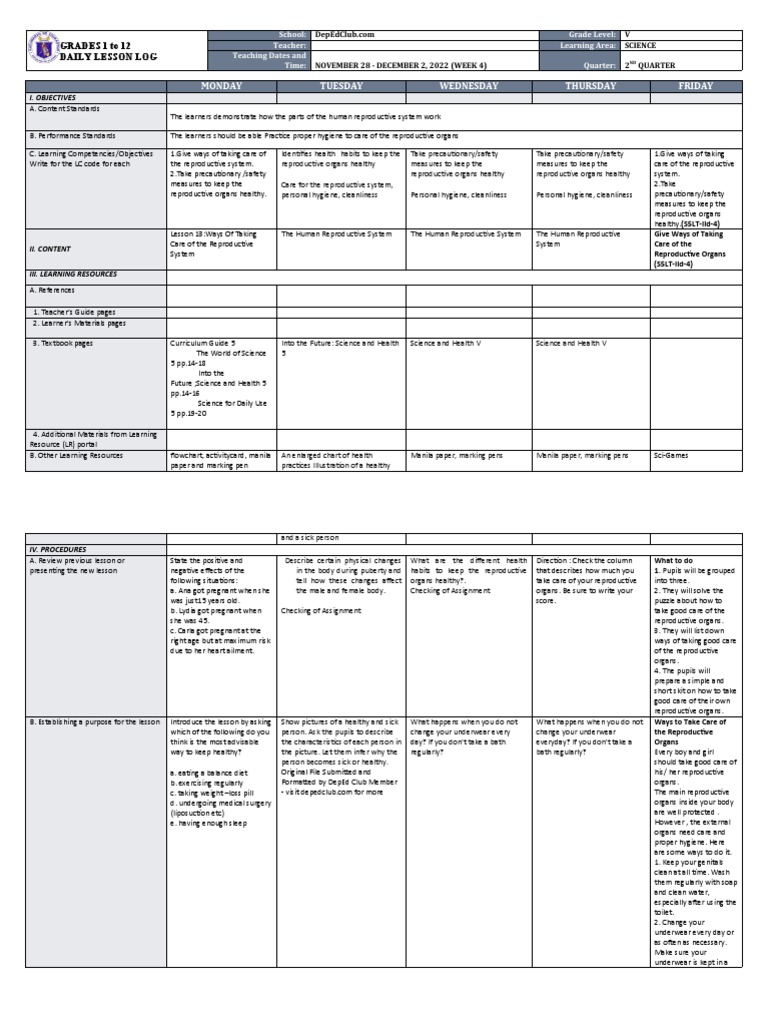 Taking Care of Adolescent Health: A Weekly Lesson Plan on the Human ...