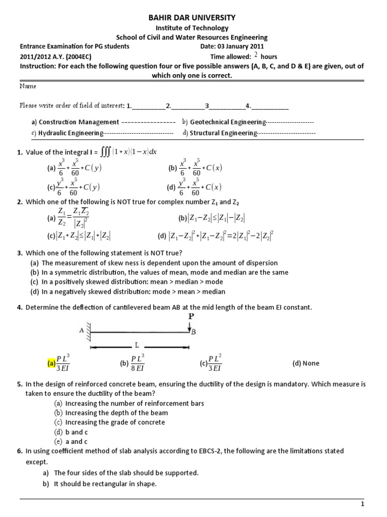 Bahir Dar University Entrance Exam | PDF | Beam (Structure) | Deep ...
