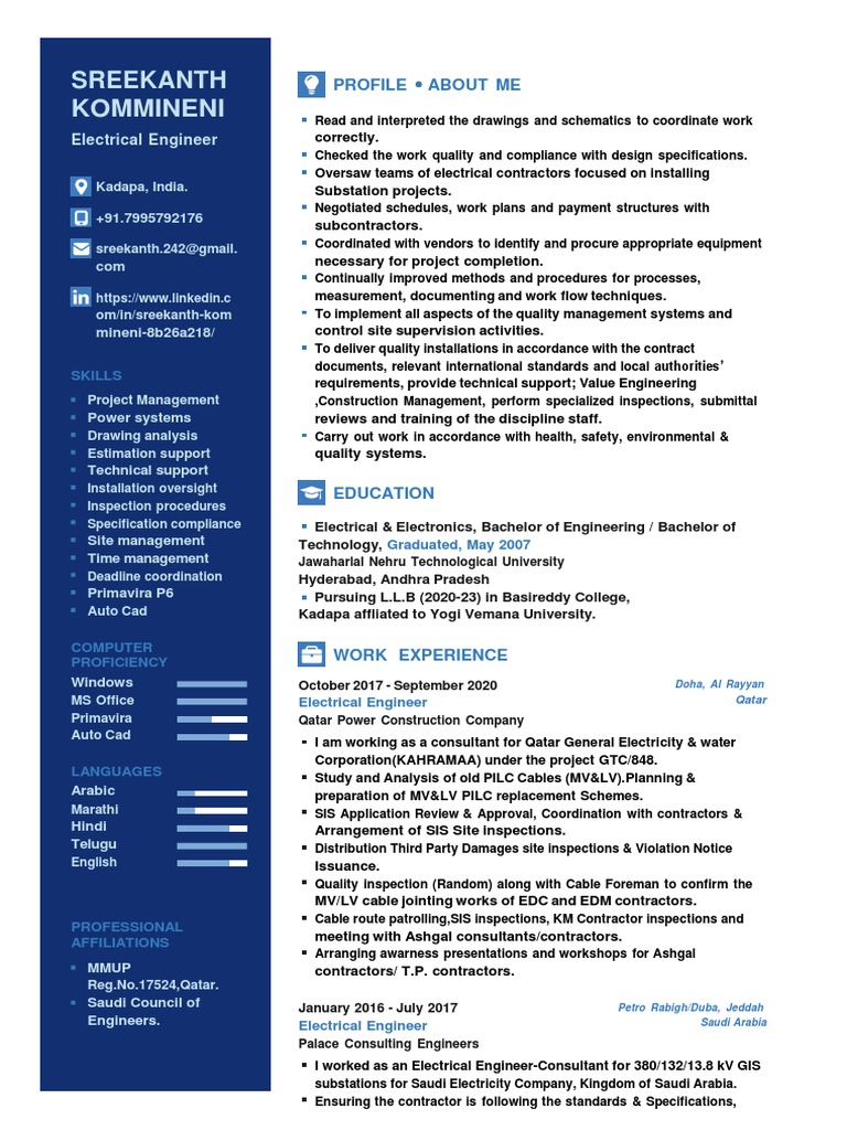 CV - Electrical Engineer - LLB - Sreekanth | PDF | Electrical ...
