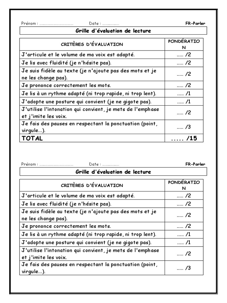 Lecture - Grille D'évaluation | PDF | Arts du langage et discipline ...