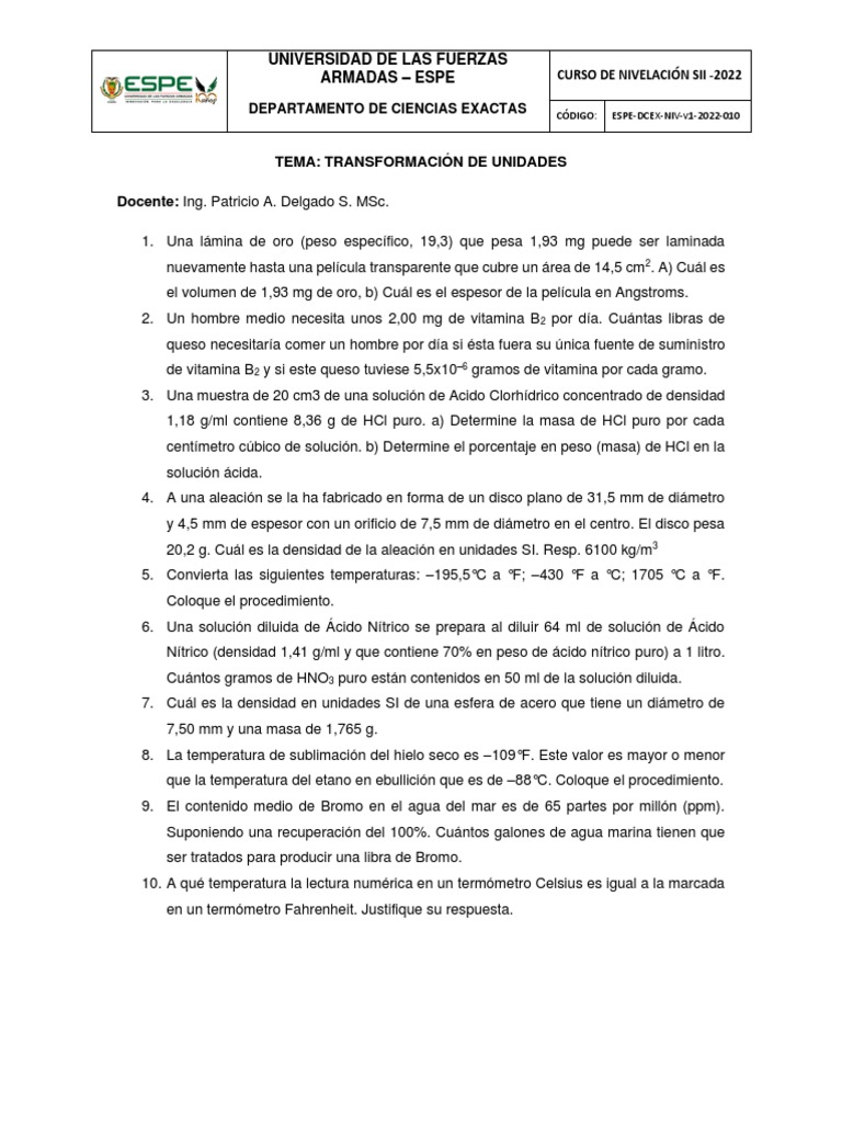 Transformacion de Unidades | PDF | Química | Metrología