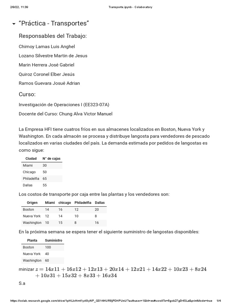 Transporte - Practica - Ipynb - Colaboratory | PDF | Matemáticas Aplicadas | Optimización Matemática