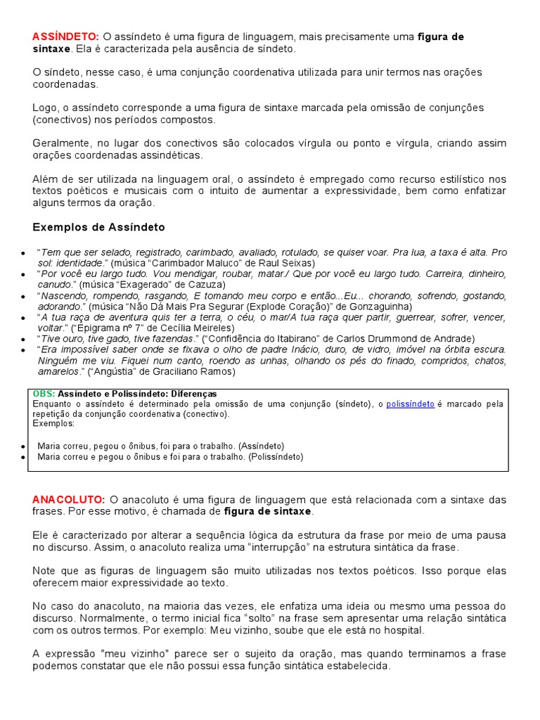 Exemplos de Assíndeto e Anacoluto | PDF | Linguística | Comunicação humana