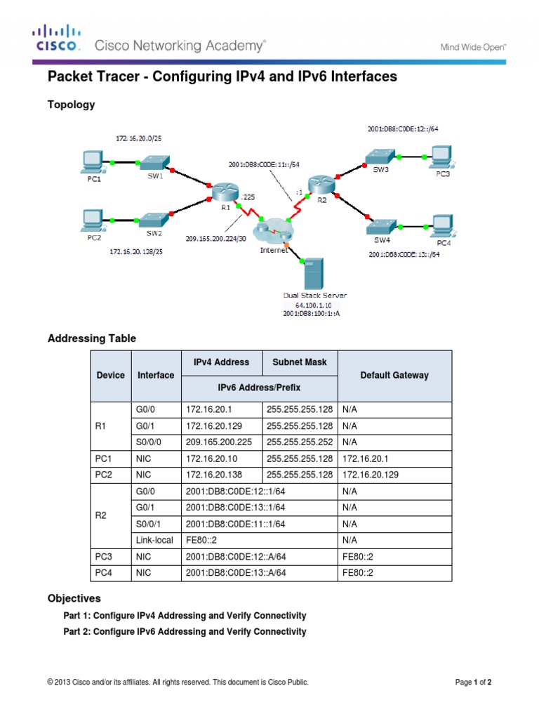Packet Tracer - Configuring IPv4 and IPv6 Interfaces Instructions | PDF | I Pv6 | Ip Address
