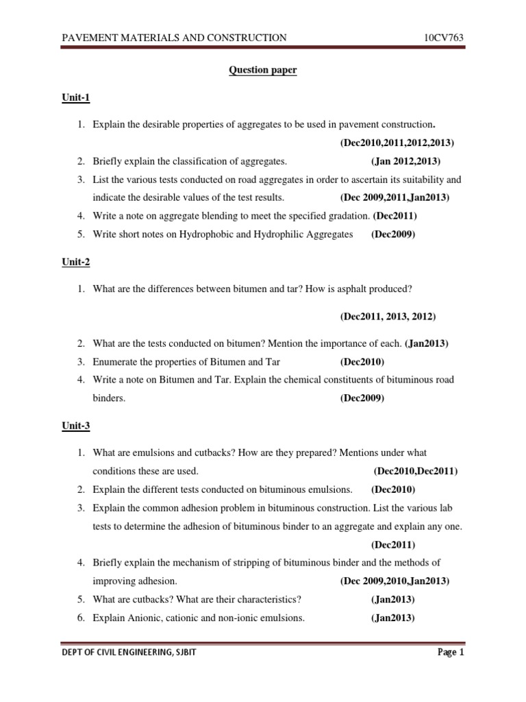 Civil VII Pavement Materials and Construction 10cv763 Question Paper ...