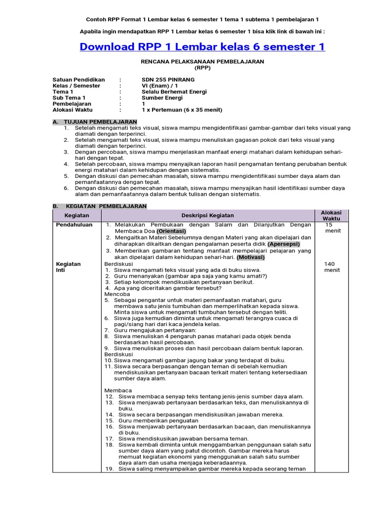 RPP 1 Lembar Kelas 6 Semester | PDF
