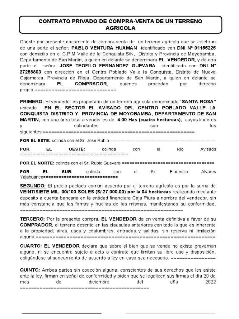 Contrato de Compra y Venta de Un Terreno | PDF | Consentimiento | Ley ...