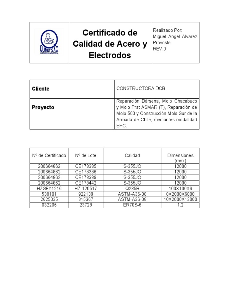 Certificado de Calidad de Acero y Electrodos | PDF