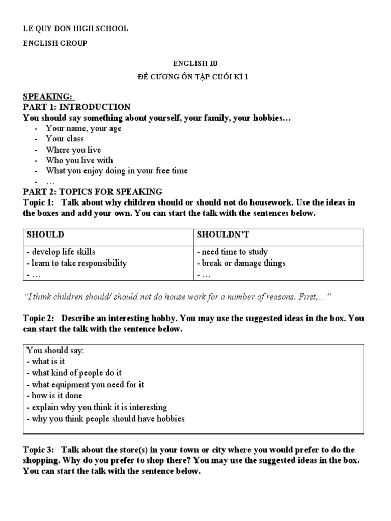 English 10 - Topics For Speaking - 1ST Term Test | PDF
