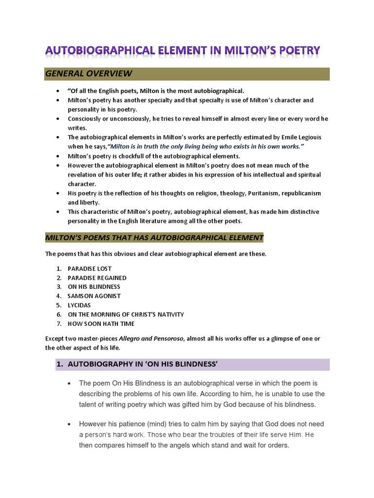 Autobiographical Elements in Milton's Poetry | PDF | John Milton ...