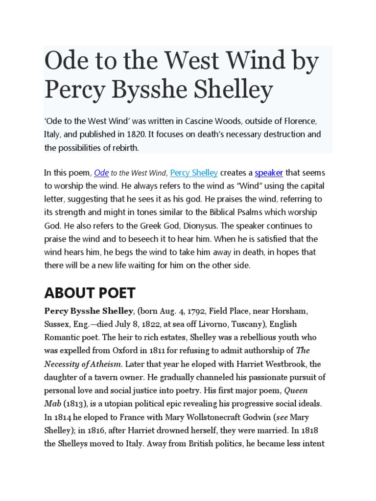 Critical Analysis Ode To The West Wind by Percy Bysshe Shelley | PDF ...