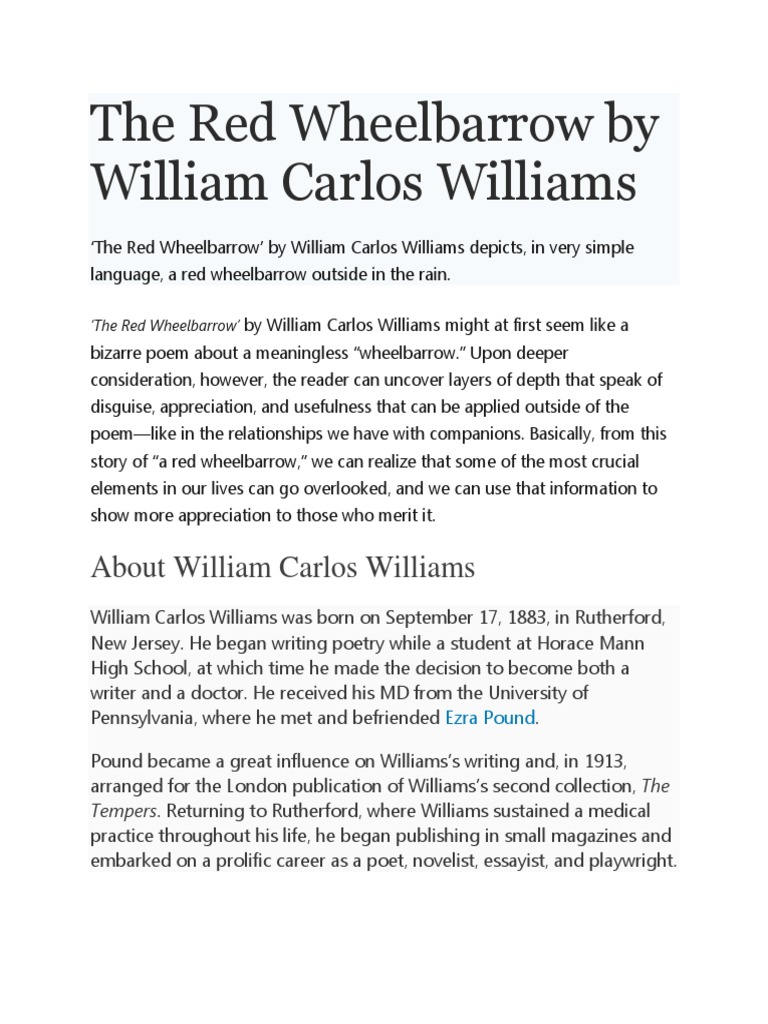 Critical Analysis The Red Wheelbarrow by William Carlos Williams | PDF ...