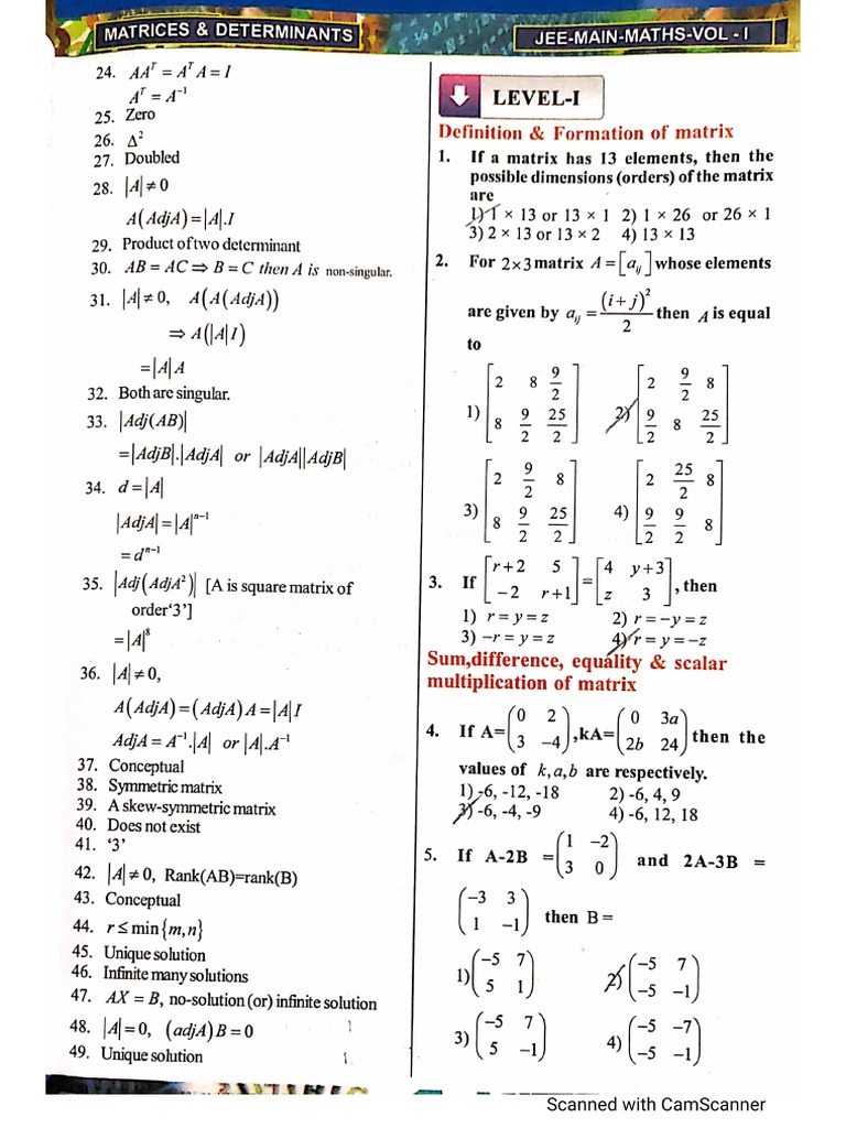 Matrix and Determinants Objectives | PDF