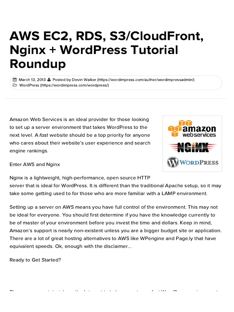 Amazon Web Services Ec2 S3 Rds Nginx And Wordpress Tutorials List Pdf Word Press