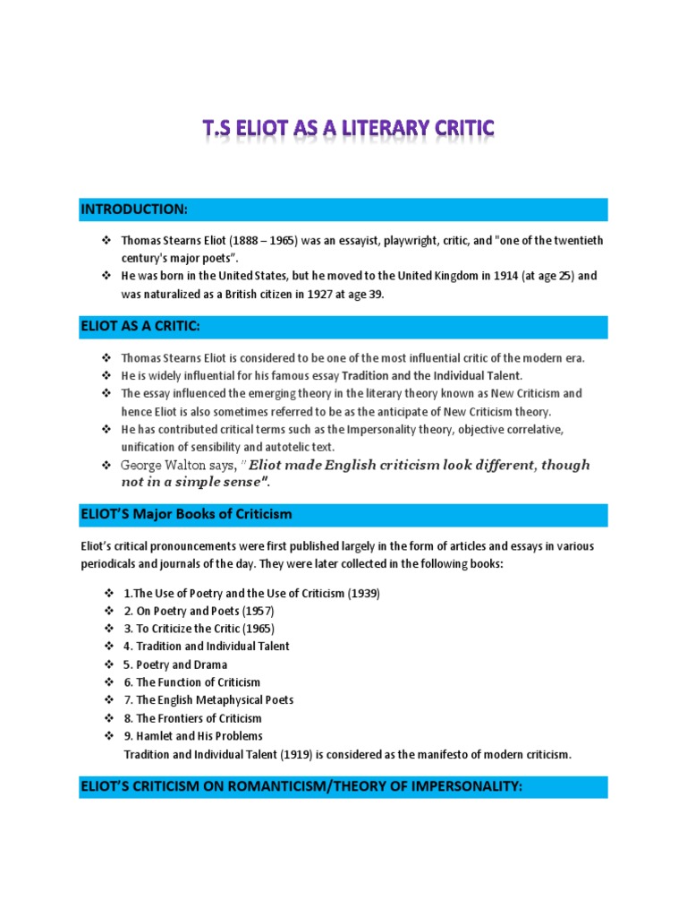 Ts Eliot As A Literary Critic | PDF | T. S. Eliot