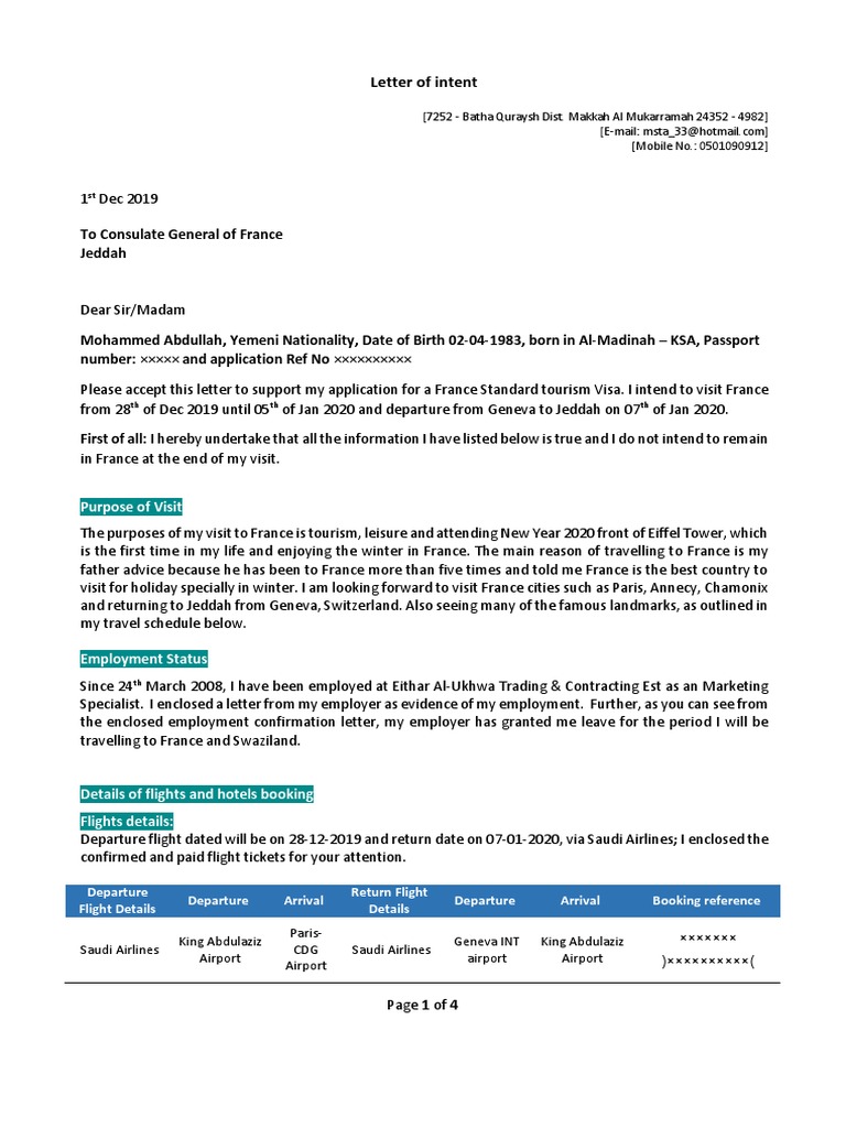France Visa Application Intent Letter | PDF | Travel Visa | Identity ...