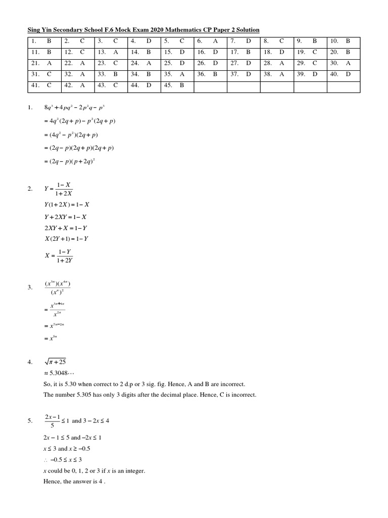 SYSS 2019 F6 Maths Mock Paper 2 Solution | PDF | Area | Geometry