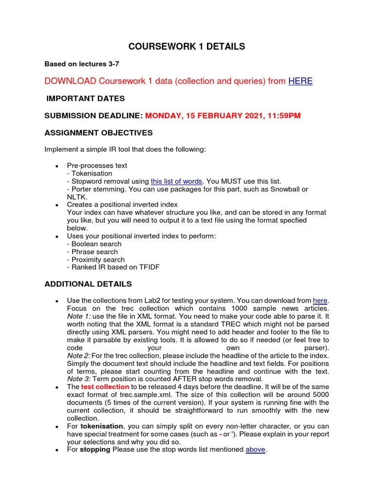 Implementing a Basic Information Retrieval System: Coursework 1 Details and Requirements | PDF ...