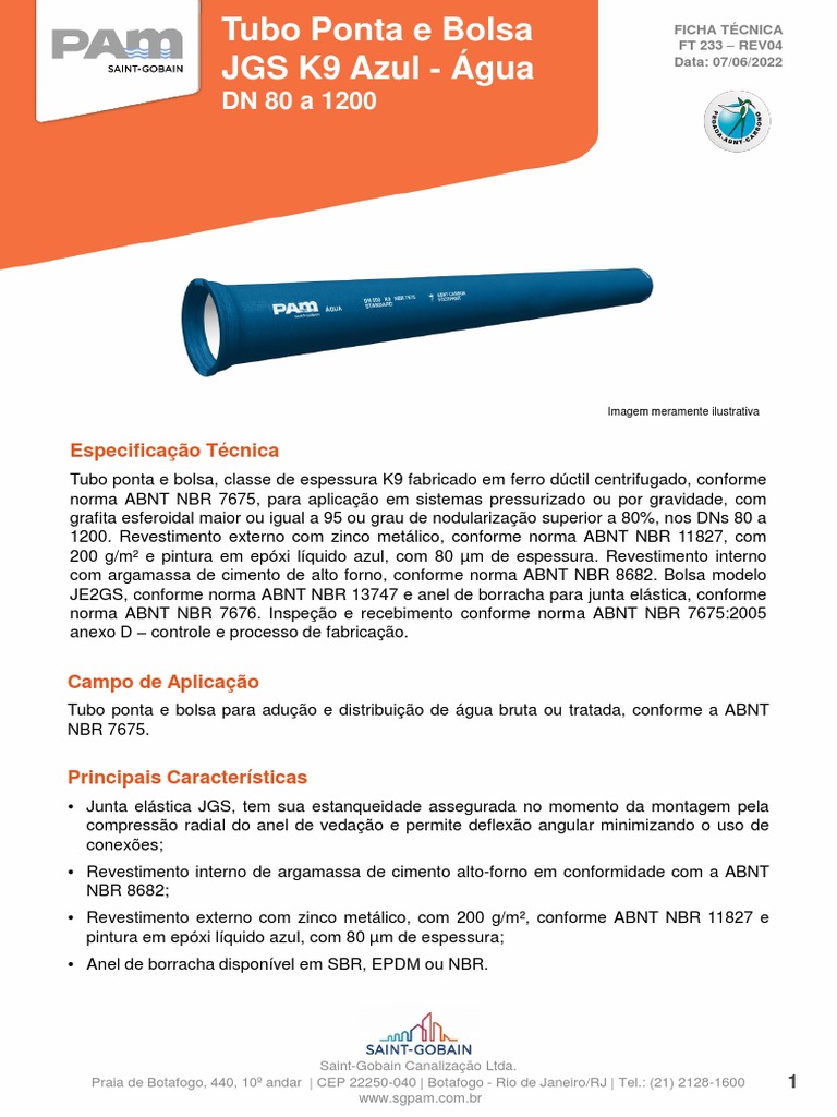 Tubo Ponta e Bolsa JGS K9 - Água DN 80 A 1200 | Download grátis PDF | Engenharia Civil | Materiais