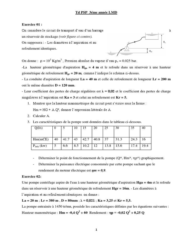 Exercice sur pompes et hauteur manométrique | PDF | Pompe | Dynamique ...