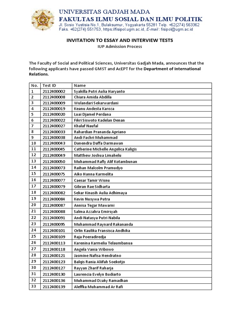 IUP Admission: Essay & Interview Test Invite | PDF