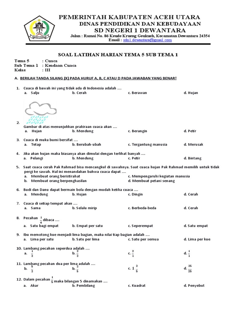 Soal Tematik Kelas 3 SD Tema 5 Cuaca Subtema 1 Keadaan Cuaca Dan Kunci Jawaban | PDF