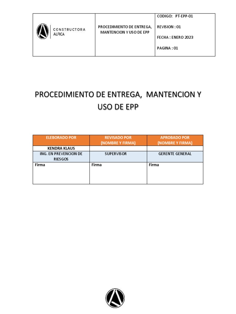 Procedimiento Entrega, Mantencion y Uso de Epp Alfica | PDF | Negocios | Tecnología