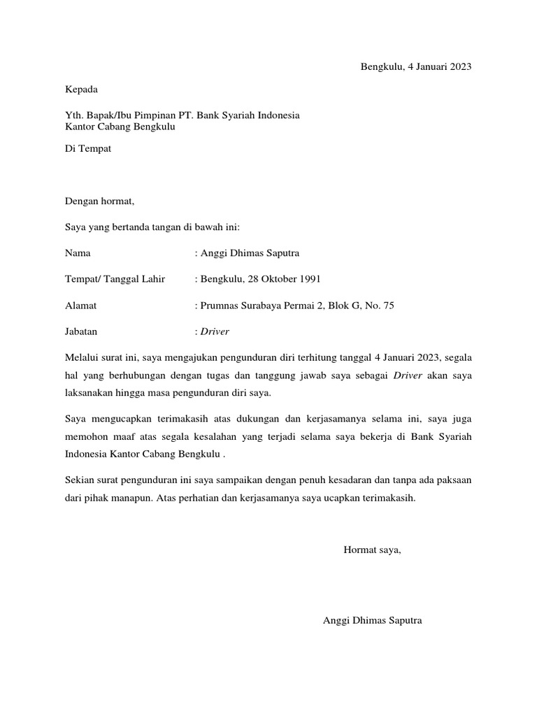 Contoh Surat Resign Karyawan Bank | PDF