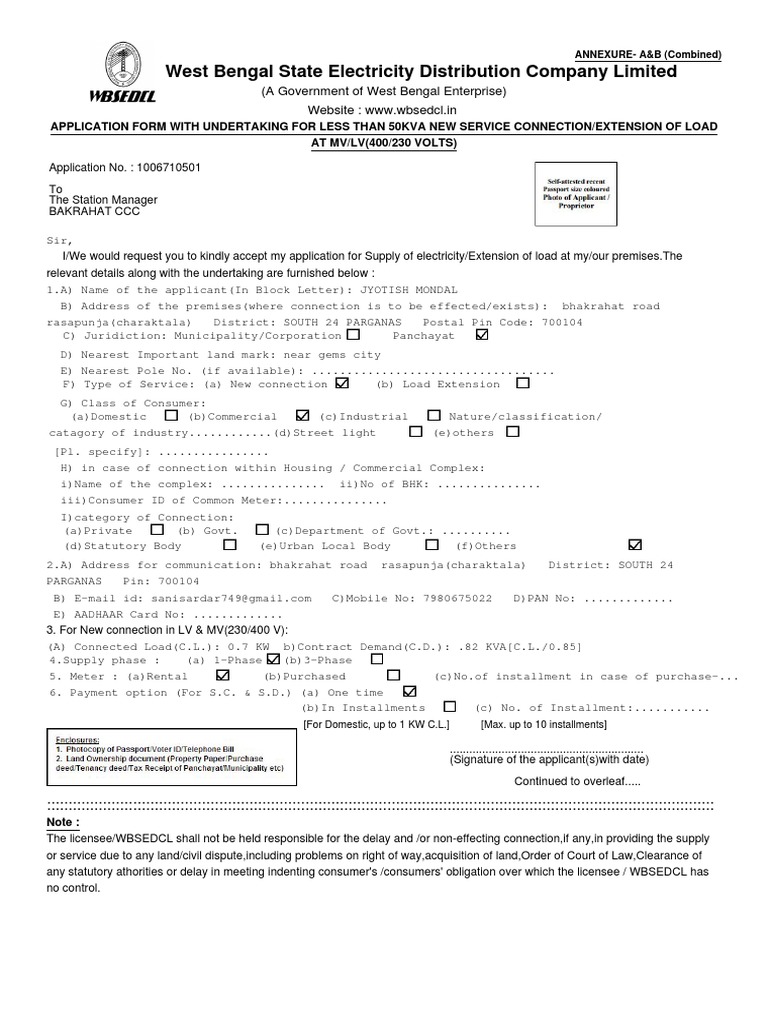 New Connection Form 1006710501 | PDF | Electric Power Distribution | Electrical Wiring