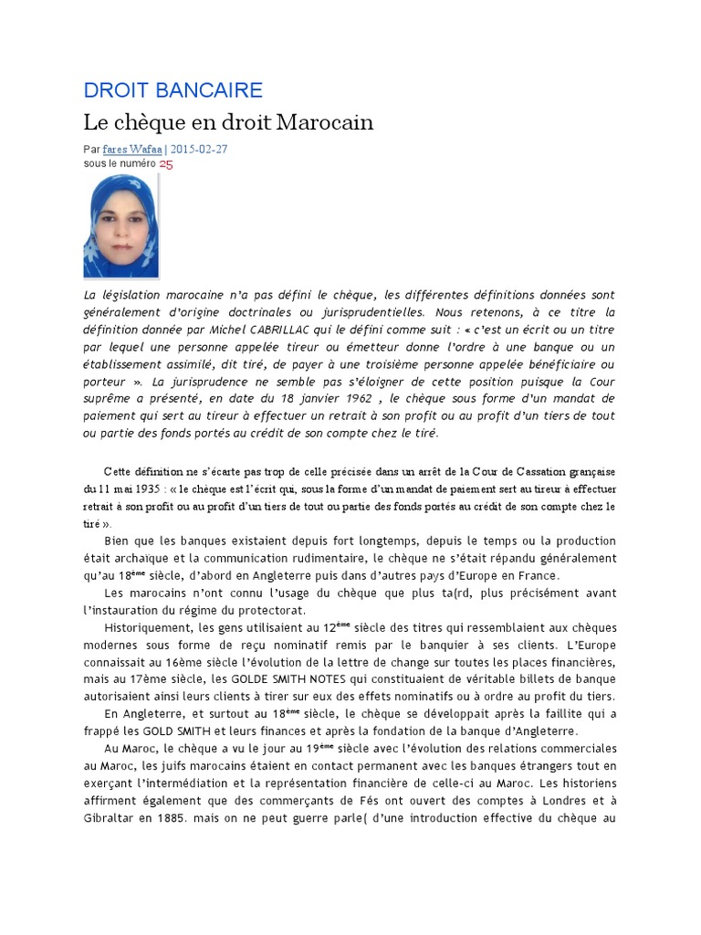 Le chèque en droit marocain | PDF | Chèque | Effet de commerce