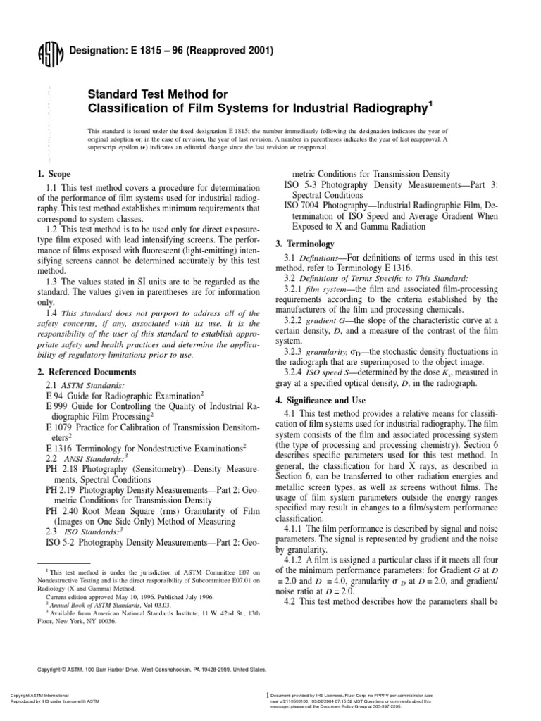 ASTM E1815-01 - Classification of Film Systems For Industrial ...