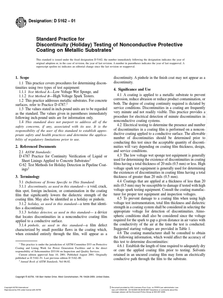 ASTM D5162-01 - Discontinuity (Holiday) Testing of Nonconductive ... ASTM D5162-01 - Discontinuity (Holiday) Testing of Nonconductive ...