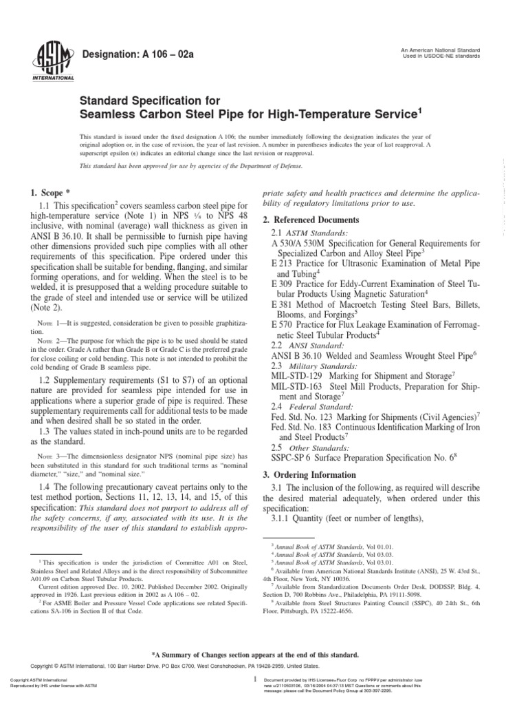 ASTM A106-02a - Seamless Carbon Steel Pipe For High-Temperature Service | PDF | Pipe (Fluid ...